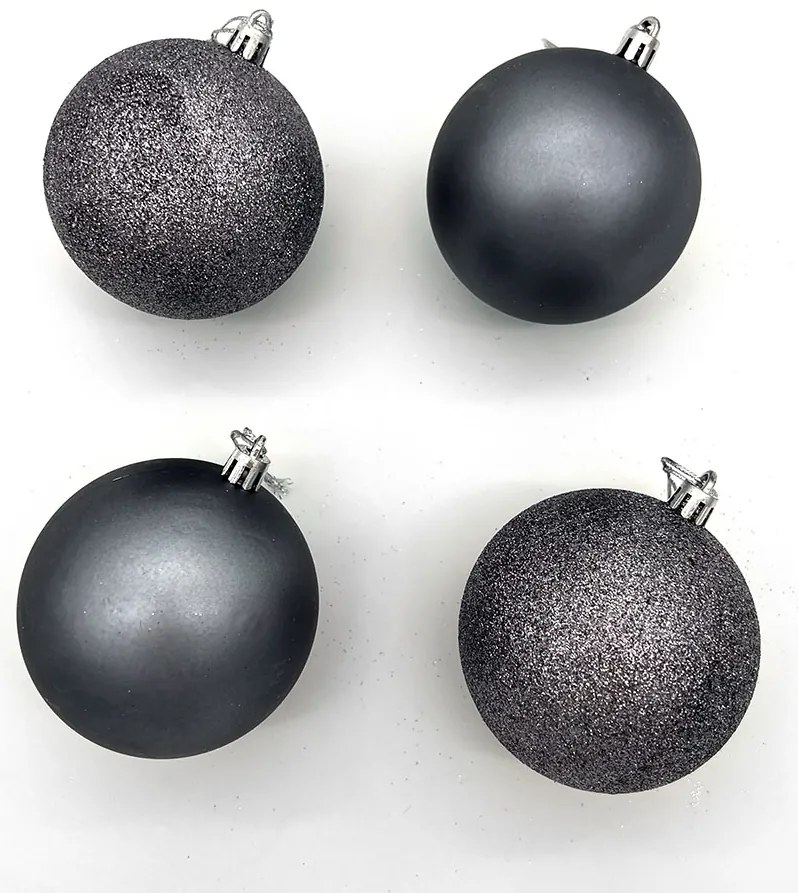 Sada vánočních ozdob tmavě stříbrná 6 cm plastové baňky, 12×  glitter, 12× mat, balení 24 ks