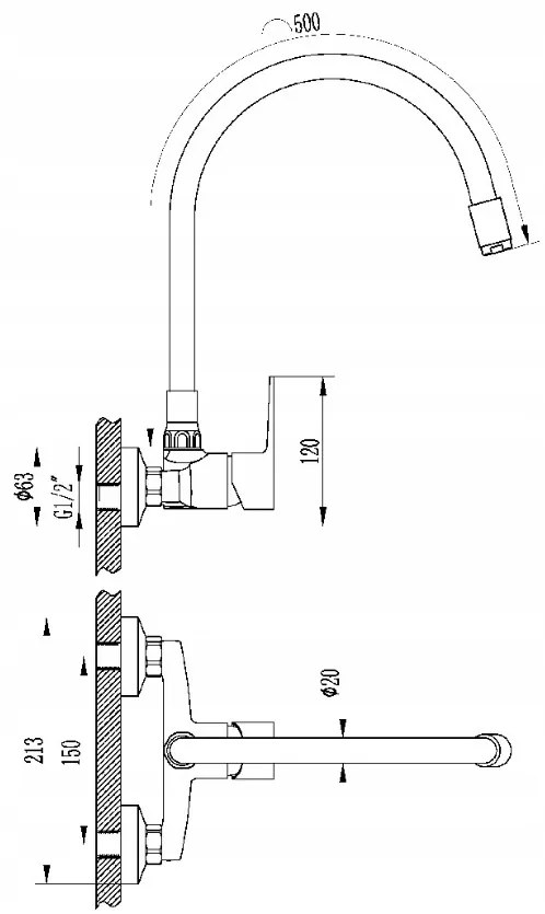 Invena Verso, nástěnná kuchyňská baterie 150mm s elastickým ramenem, béžová-černá-chromová, INV-BC-82-E4S-L