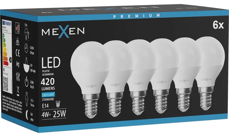 Mexen Nova 6x LED žárovka E14, G45, 4W, Studená - 6500K, 420 lm - L101-E14-0465-01x06