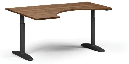 Výškově nastavitelný stůl OBOL, elektrický, 675-1325 mm, ergonomický levý, deska 1600x1200 mm, černá zaoblená podnož, ořech