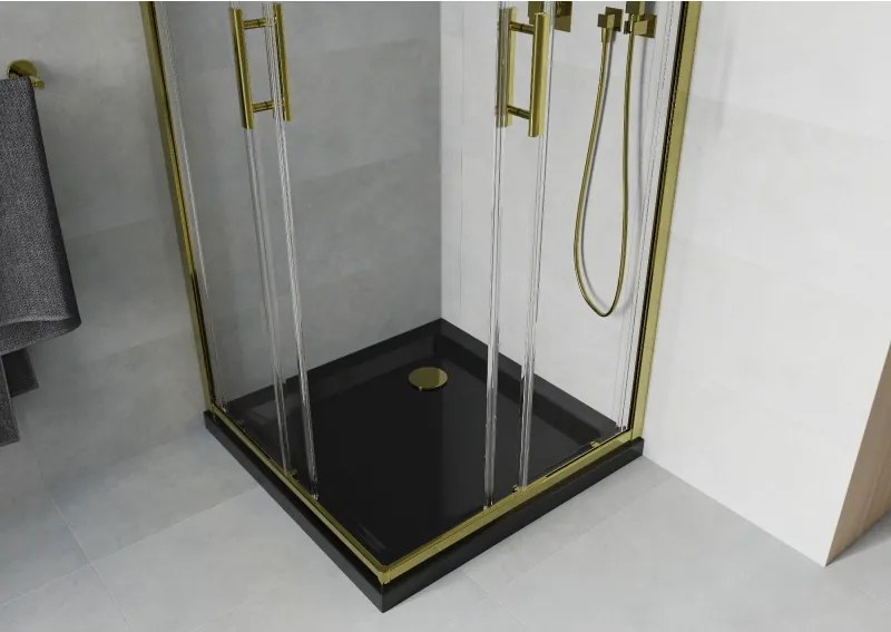 Mexen Rio, čtvercový sprchový kout s posuvnými dveřmi 90 (dveře) x 90 (dveře) x 190 cm, 5mm čiré sklo, zlatý profil + černá sprchová vanička SLIM, 860-090-090-50-00-4070G