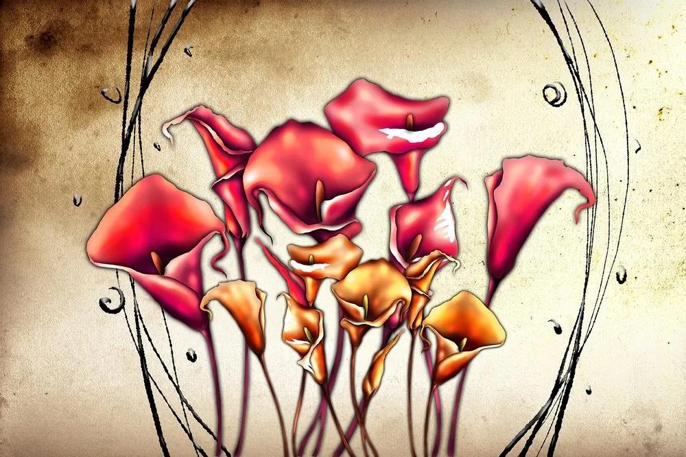 Tapeta červená květinová abstrakce - 225x150 cm