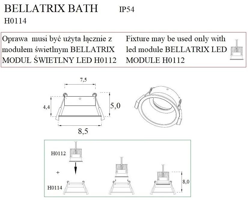 Maxlight H0114 BELLATRIX Zápustné koupelnové svítidlo IP54, černé, bez LED modulu H0112