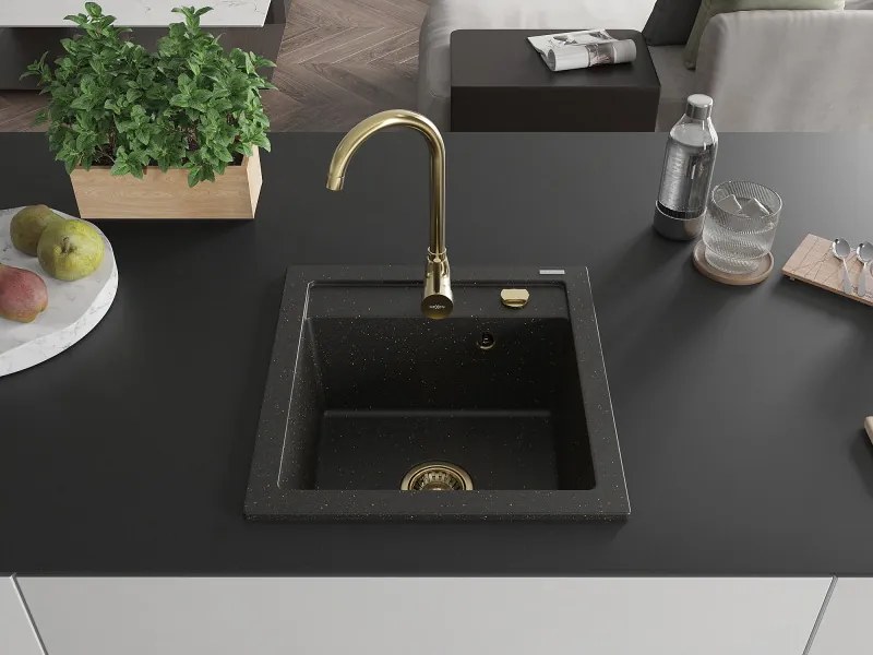Mexen Vito, granitový dřez 520x490x210 mm, 1-komorový, černá-zlatá metalíza se zlatým sifonem, 6503521000-75-G