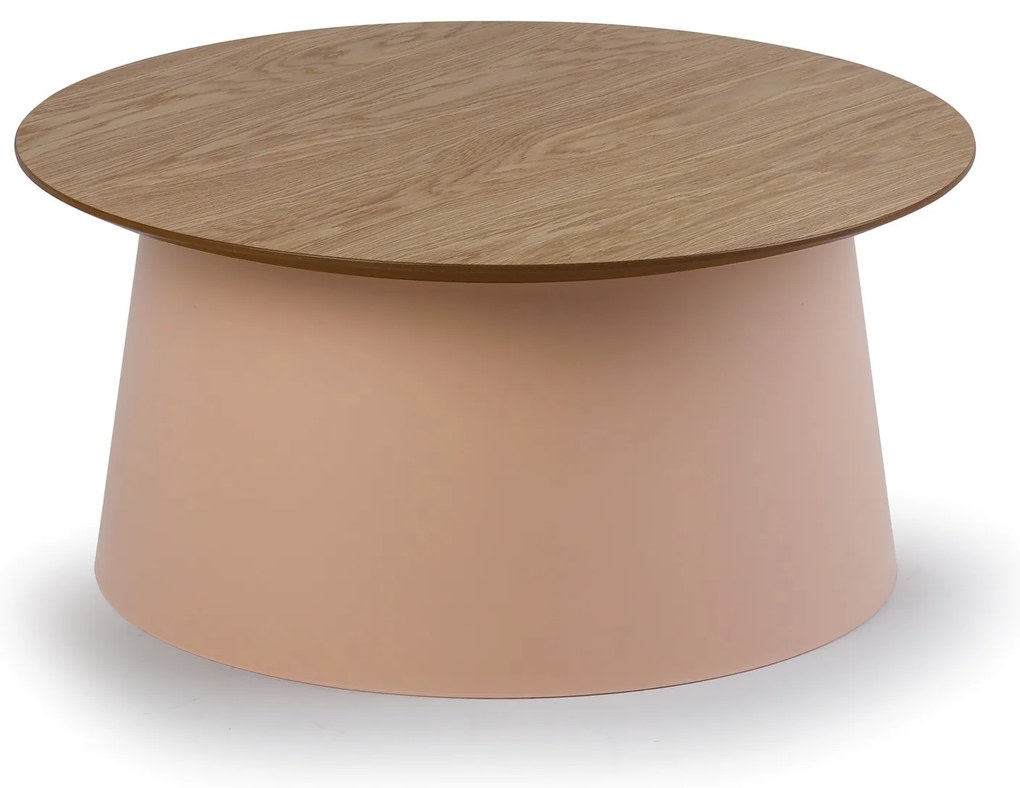 Plastový kávový stolek SETA s dřevěnou deskou, průměr 69 cm, dub/cihlová