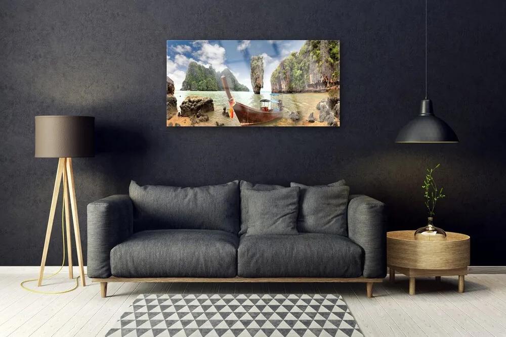 Obraz na skle Loďka Kameny Krajina 100x50 cm