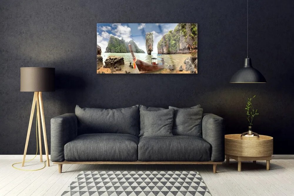 Obraz na skle Loďka Kameny Krajina 120x60 cm