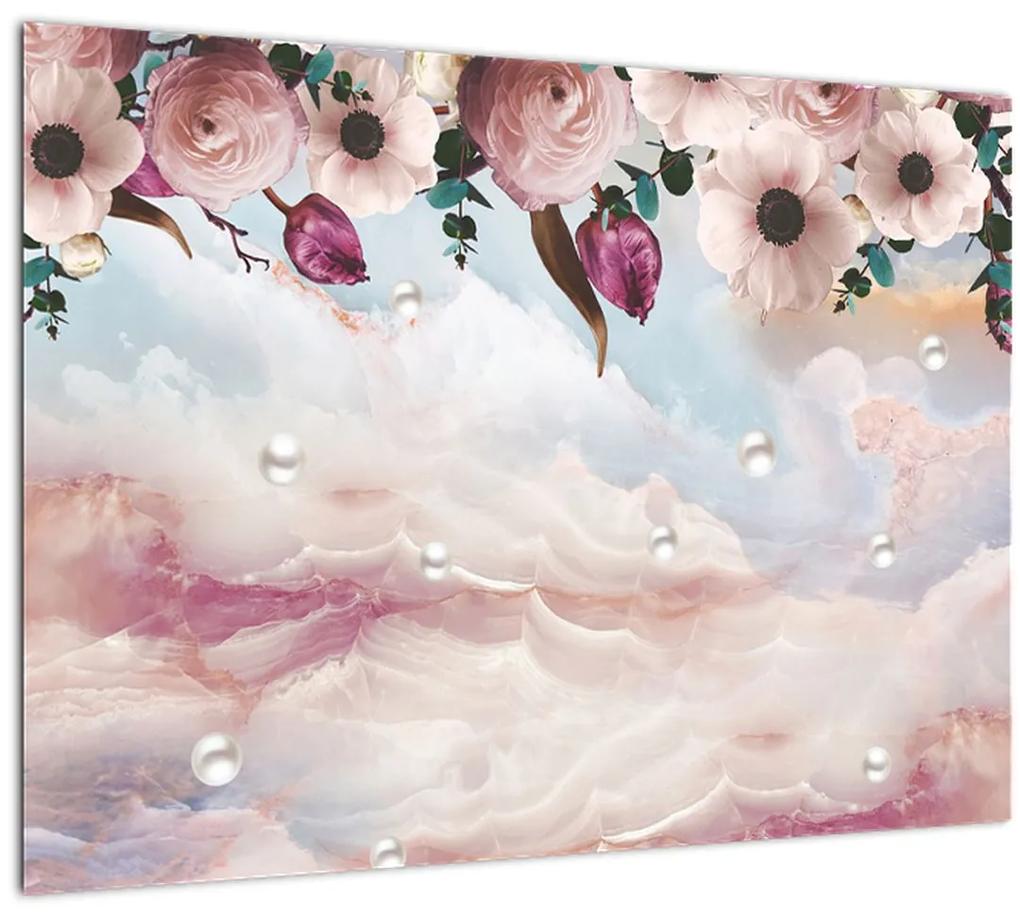 Obraz růžových květů s růžovým mramorem (70x50 cm)