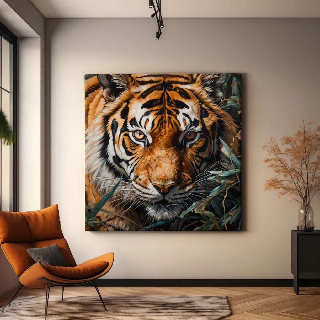 Obraz na plátně - Tygr, Pohled krále džungle, Makro portrét, Králové divočiny FeelHappy.cz Velikost obrazu: 80 x 80 cm