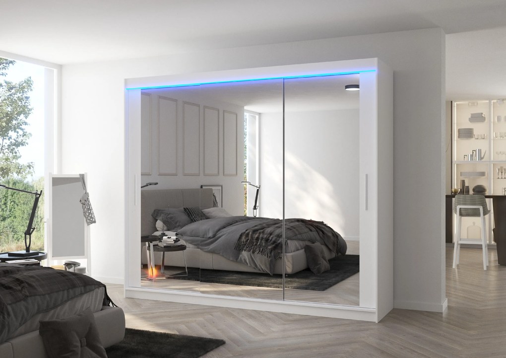 ADRK Furniture Posuvná skříň se zrcadlem a LED osvětlením CHESTER 250 SW-CHE-W-250+L-V374