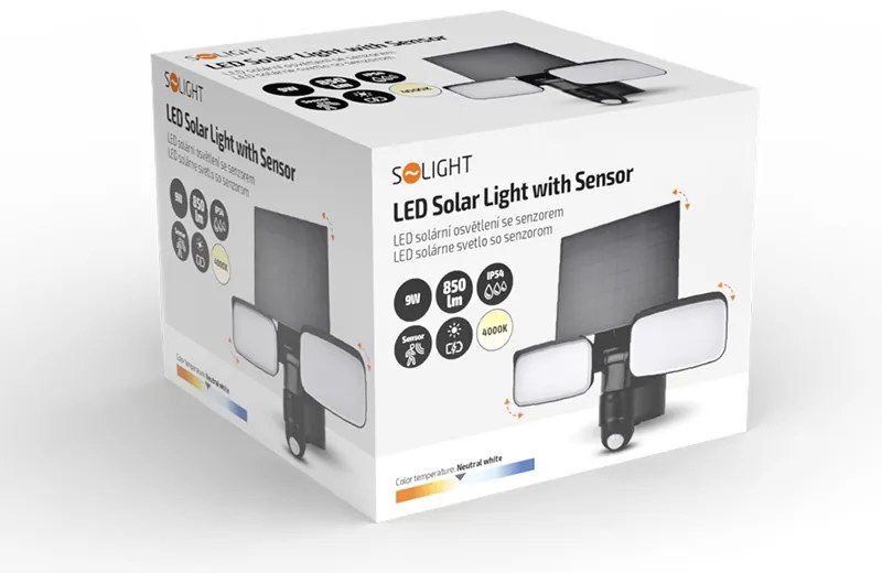 Solight LED solární osvětlení se senzorem, 9W, 850lm, 4000K, Li-Ion, černá