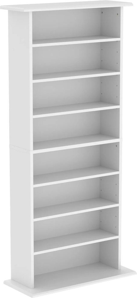 HOMCOM Úzká mediální skříň, 8 pater, 6 nastavitelných polic, 8 přihrádek, pro 360 CD, bílá