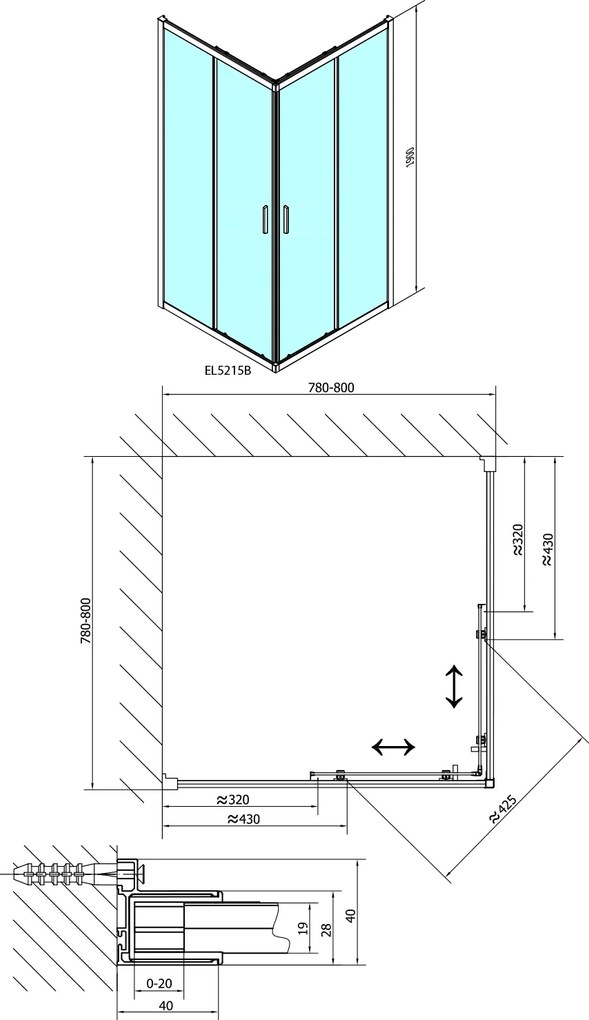 Polysan Polysan, EASY BLACK čtvercová sprchová zástěna 800x800mm, čiré sklo, EL5215B