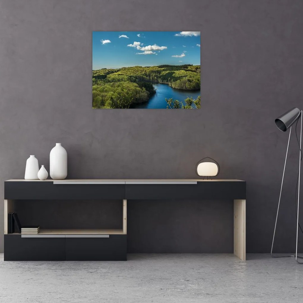 Skleněný obraz - Jezero v lesích (70x50 cm)