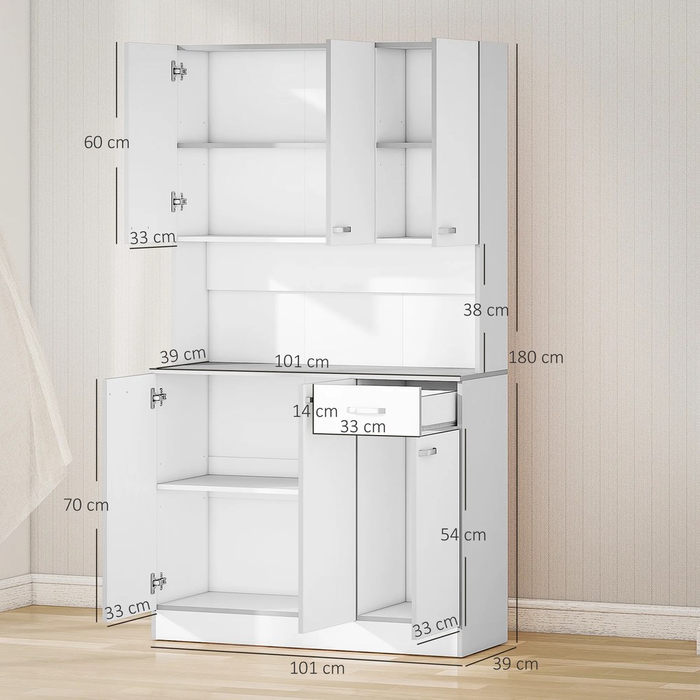 HOMCOM Moderní kuchyňský bufetový kabinet s vícero úložnými prostory, 6 dveří, 1 šuplík + velká pracovní deska, rozměry 101L x 39W x 180H cm v bílé a…