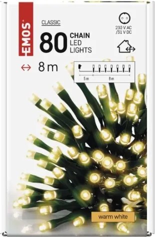 Vánoční osvětlení EMOS D4AW02 ZY1702T 80LED řetěz 8m teplá bílá s časovačem