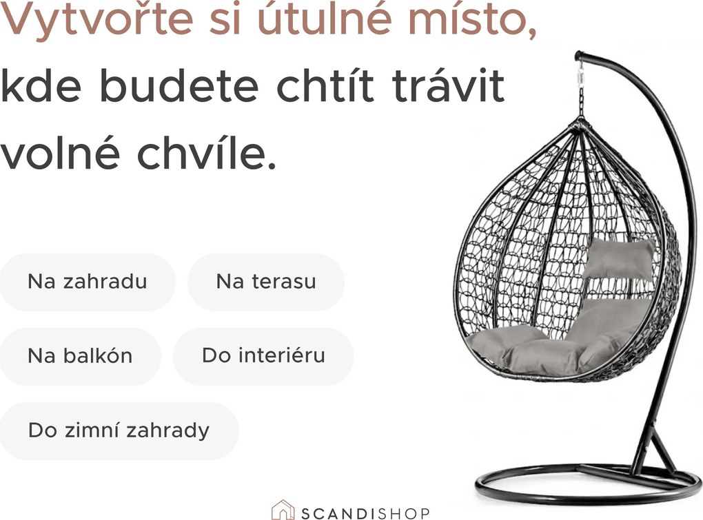 Šedé závěsné křeslo KOKON bez stojanu, bílo-šedý polštář