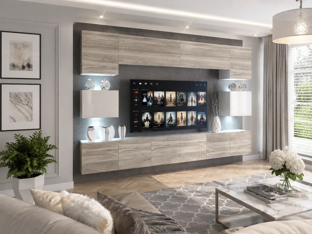 Obývací stěna 300 cm Belini šedý antracit Glamour Wood / bílý lesk Imperium 3 IMP 3/5/W/GW1WGW1/0/0