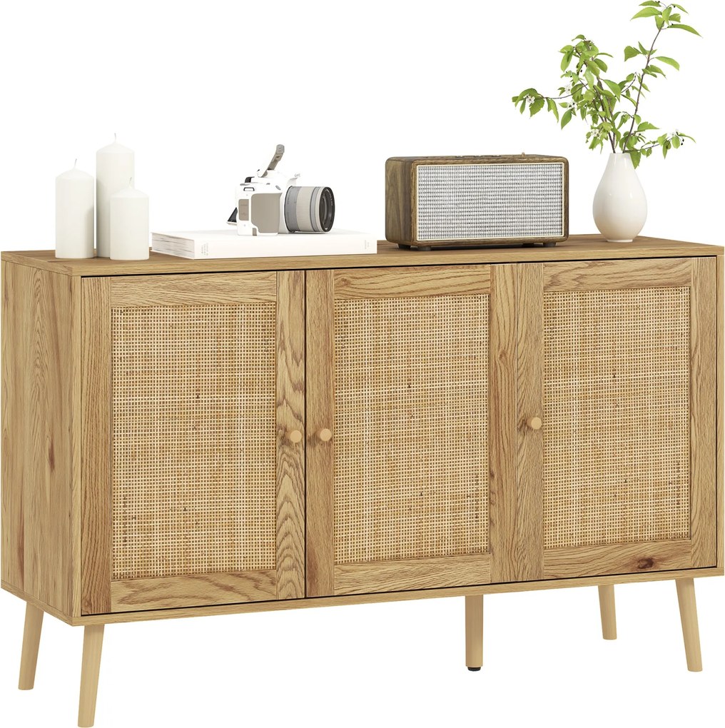 HOMCOM Buffetský skříňový stůl s ratanovými dveřmi a nastavitelného polici, pro obývací pokoj, jídelnu, rozměry 120 x 40 x 75 cm, vzhled přírodního dř
