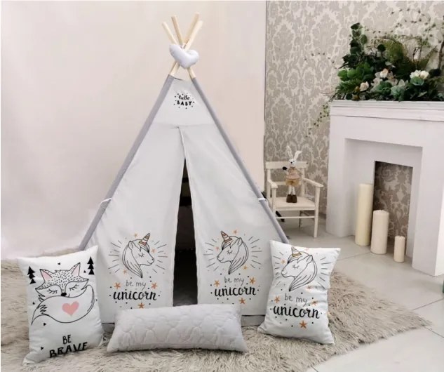 Lovegifts  Teepee stan pro děti Unicorn 110x110cm šedý