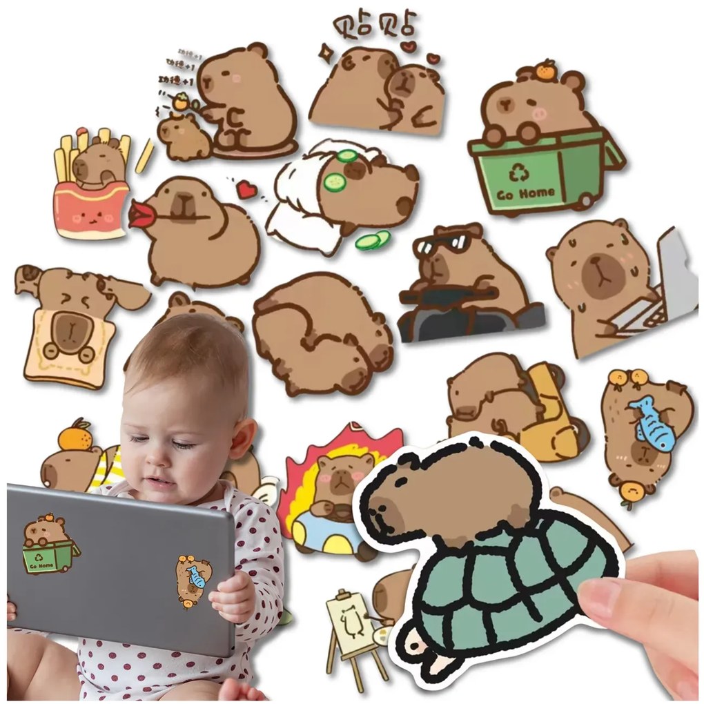 Camerazar Barevné kreslené nálepky Capybara 70 ks pro děti DIY kreativní aktivity