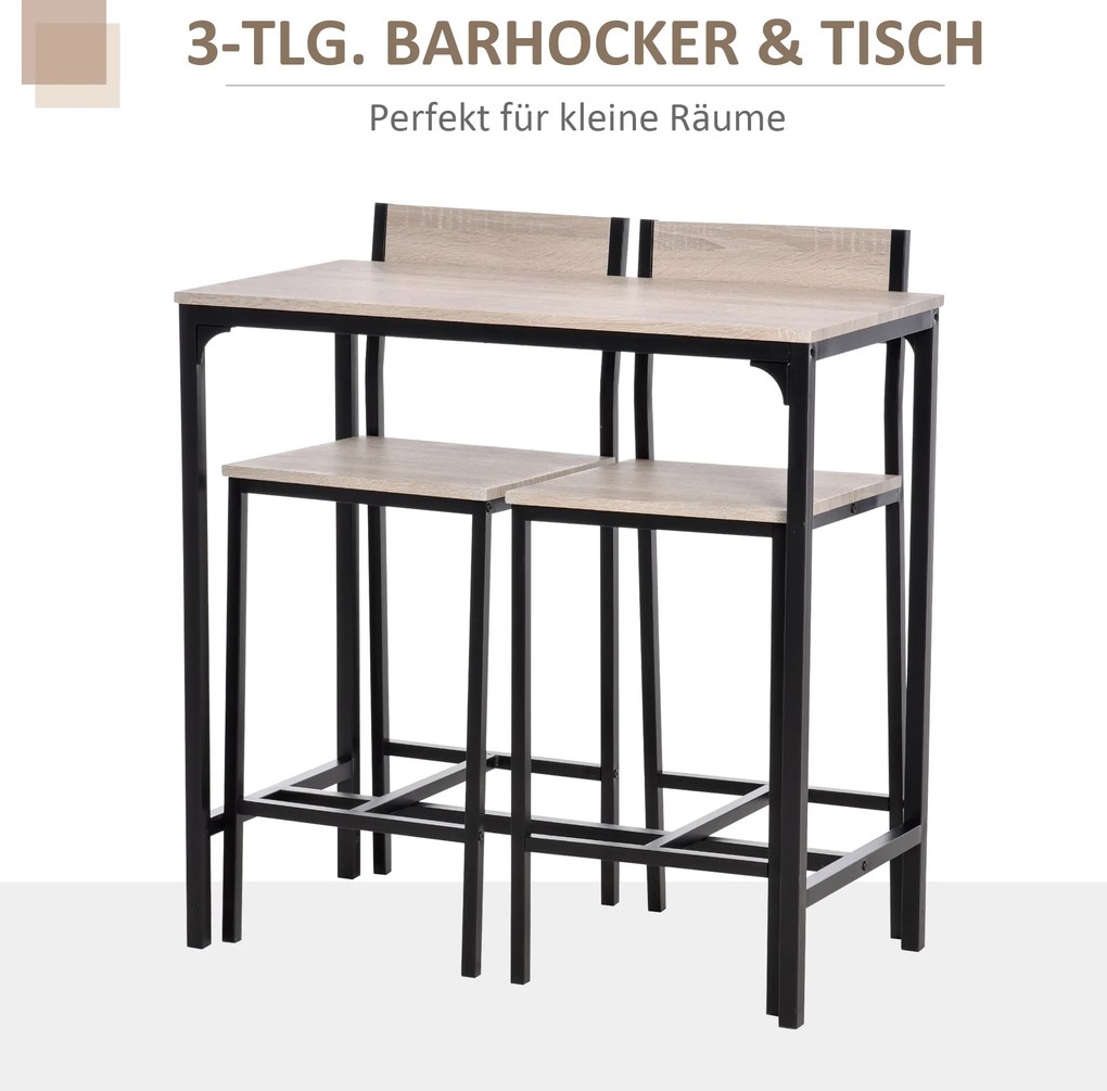HOMCOM Barový stůl se 2 židlemi 3-dílná stolová sestava barová židle MDF v přírodní a černé barvě 89x45x87cm do kuchyně a jídelny | Aosom.de