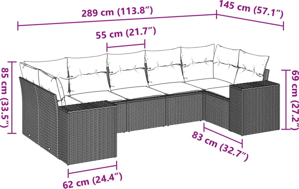 7dílná zahradní sedací souprava s poduškami černá polyratan 3255323