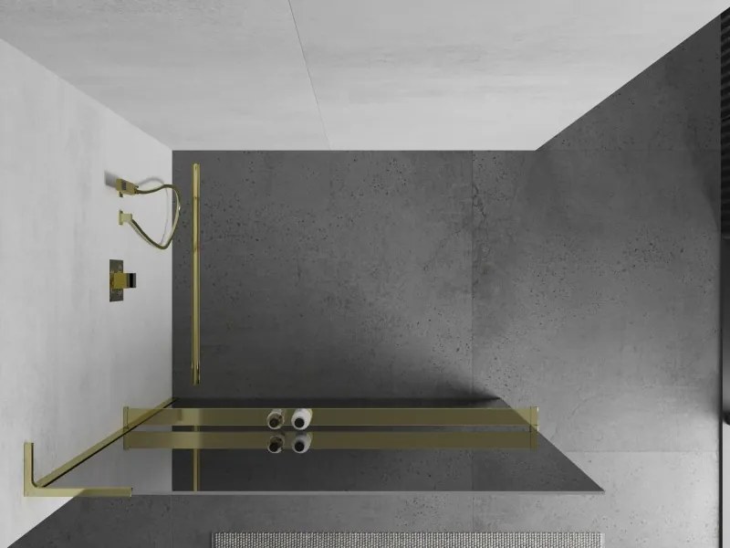 Mexen Kioto+ L, sprchová zástěna Walk-In s poličkou a ramínkem 100 x 200 cm, 8mm sklo vzor zrcadlo, zlatý lesklý profil, 800-100-123-50-50
