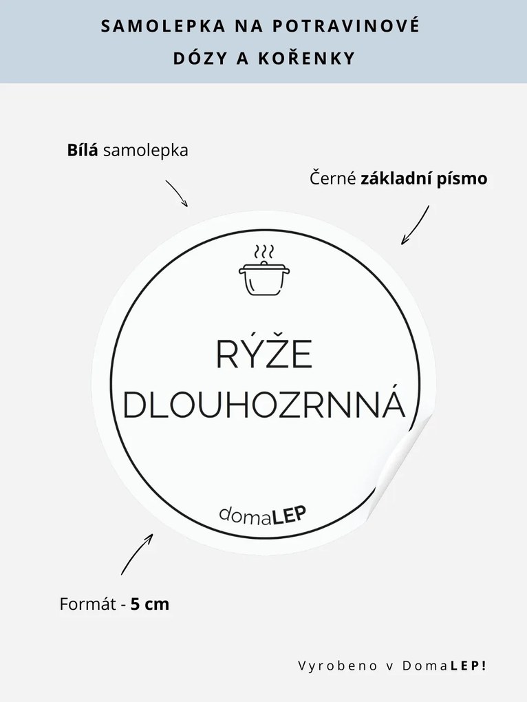 RÝŽE DLOUHOZRNNÁ – bílá samolepka na dózu, základní písmo, 5 cm | DomaLEP