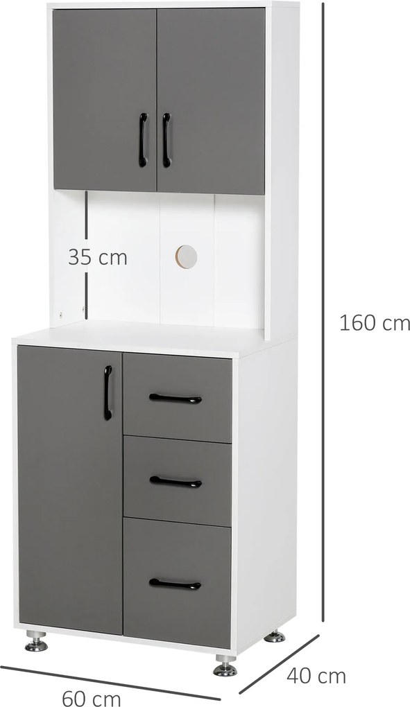 HOMCOM Kuchyňský bufet s více úložnými prostory 2 + 1 dvířka 3 zásuvky + Velký pracovní stůl Rozměry 60L x 40W x 160H cm Šedá Bílá