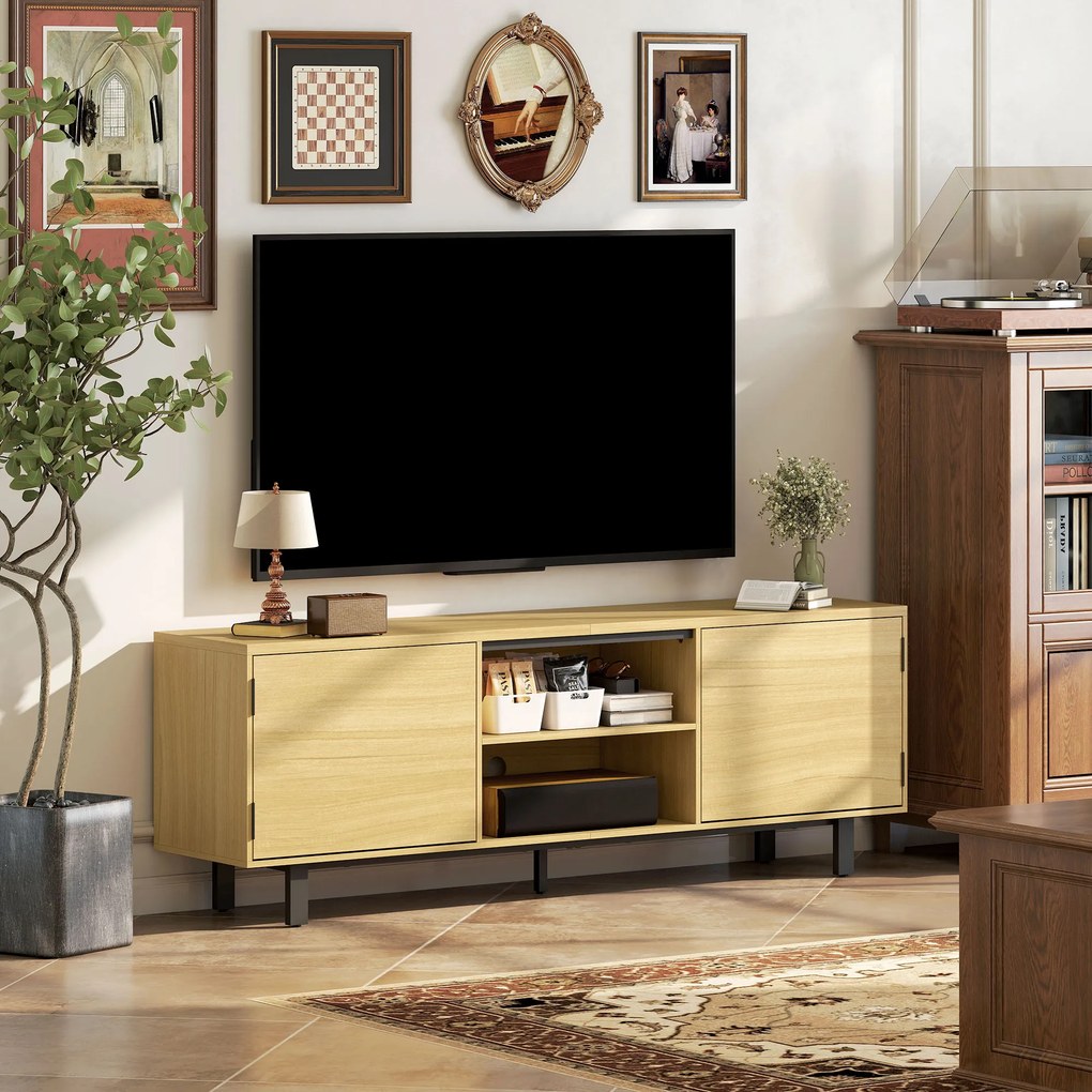 HOMCOM TV stolek 160 cm – pro TV do 165 cm (65 palců), 2 bezúchytková dvířka s push-to-open, 2 otevřené police, kovové nohy, přírodní dekor