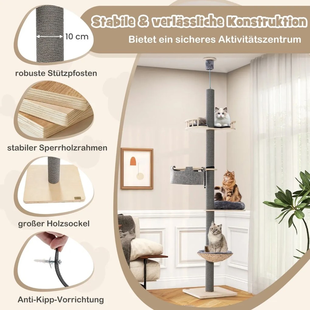 Costway Cat tree strop vysoký 236-271 cm od podlahy ke stropu kočičí nábytek