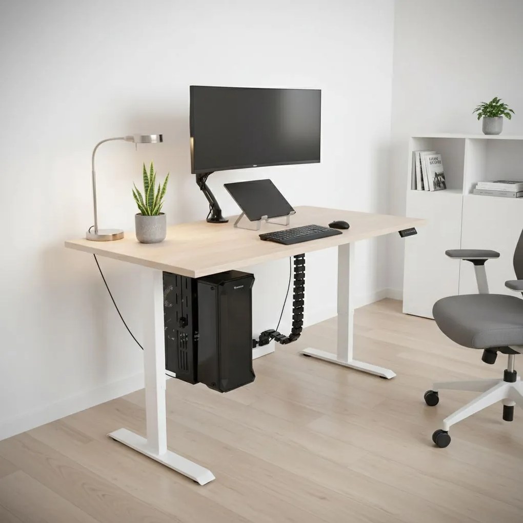 Výškově nastavitelný stůl OfficeTech C, 200 x 80 cm, bílá podnož, dub
