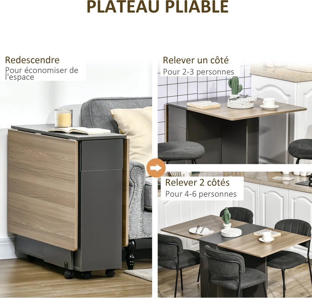 HOMCOM Skládací jídelní stůl na kolečkách se skřínkou a 2 šuplíky 76 x 140 x 74 cm šedý a přírodní dřevo