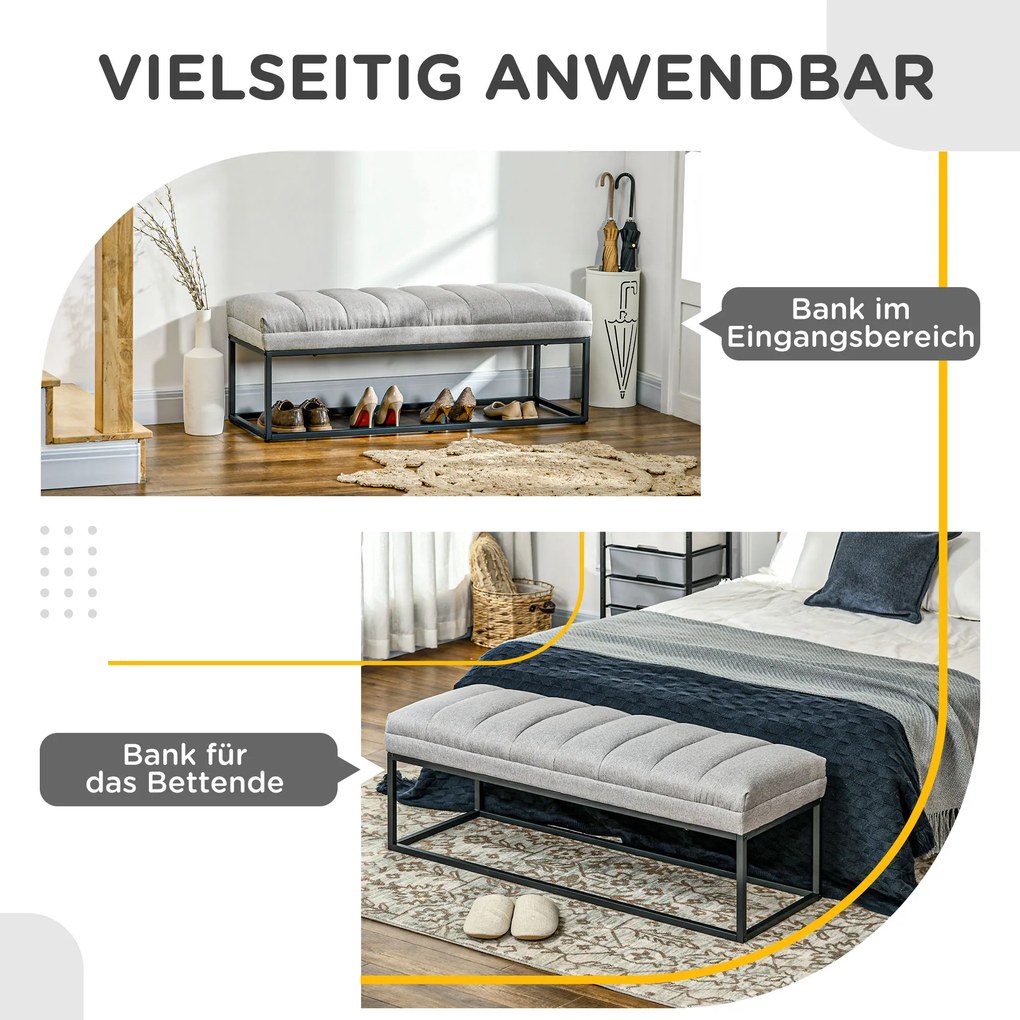 HOMCOM Lněná lavice Čalouněná lavice do ložnice Postelová lavice Kosmetická lavice do 200 kg Ocel světle šedá 120x44x45,5 cm