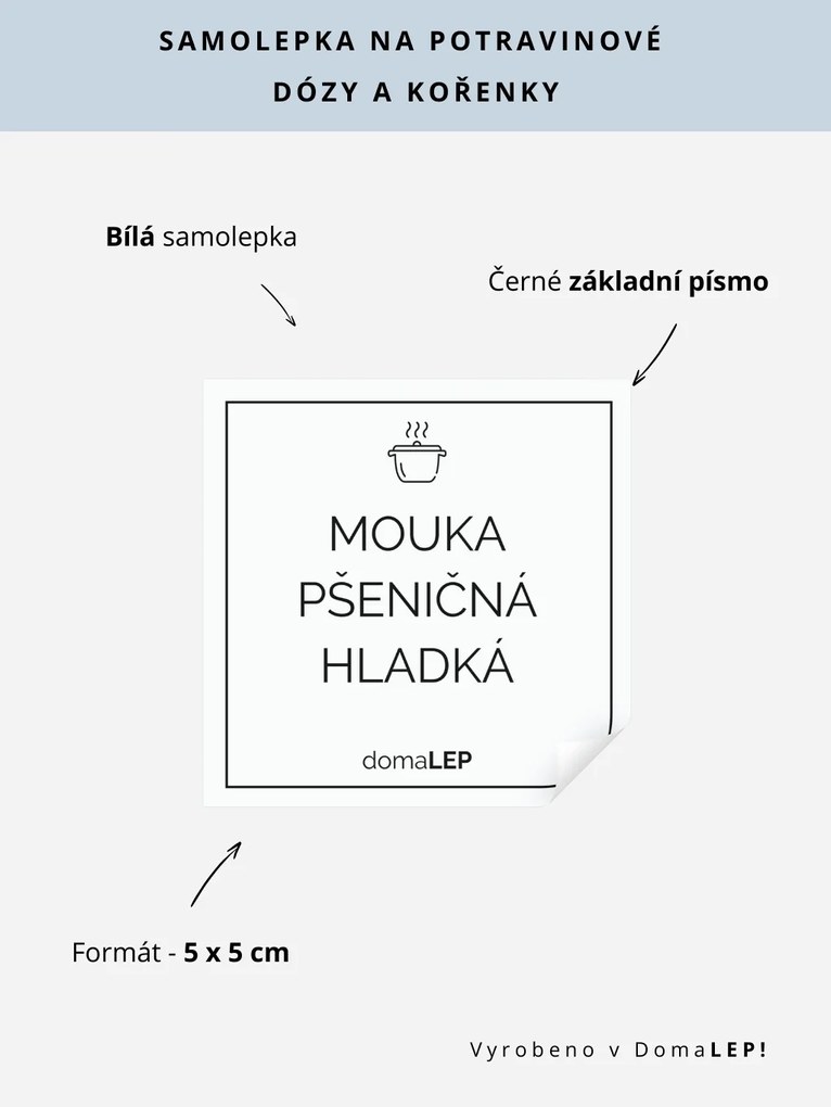 MOUKA PŠENIČNÁ HLADKÁ– průhledná samolepka na dózu, základní písmo, 5 × 5 cm | DomaLEP