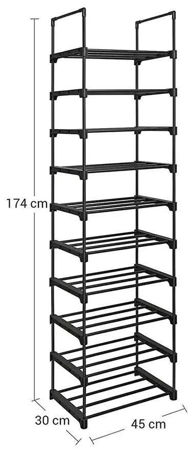 Stohovatelný regál na boty TUBE, 10 polic, 45x30x174cm, černá SongmicsHome