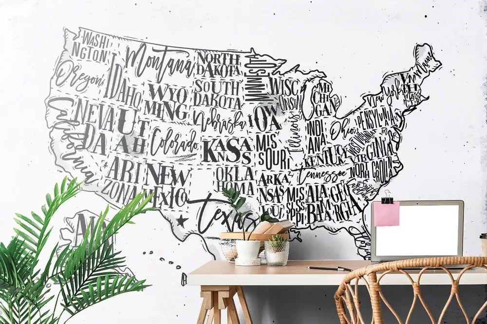 Samolepící tapeta šedá mapa USA s jednotlivými státy - 225x150 cm