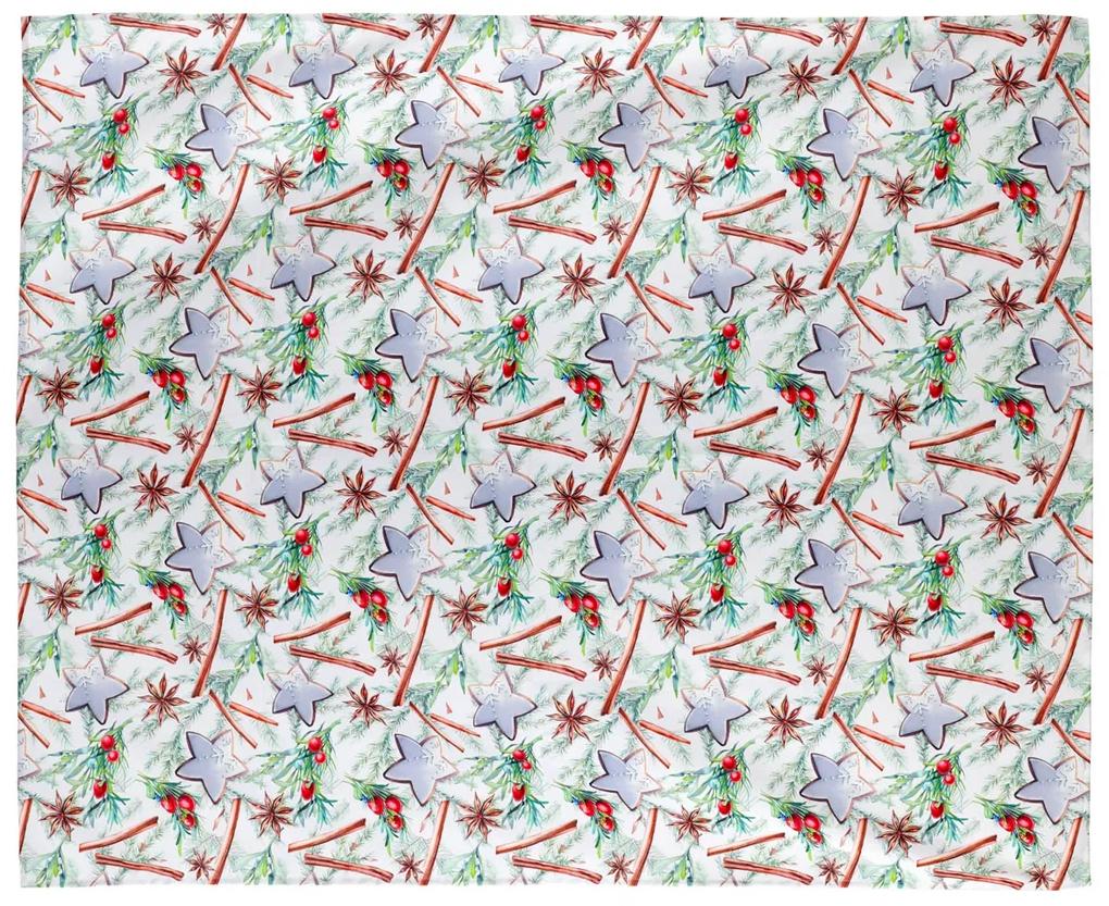 Ubrus s vánočním motivem, perníček a skořice na bílém podkladu, 130x160 cm,100 % - UBR039