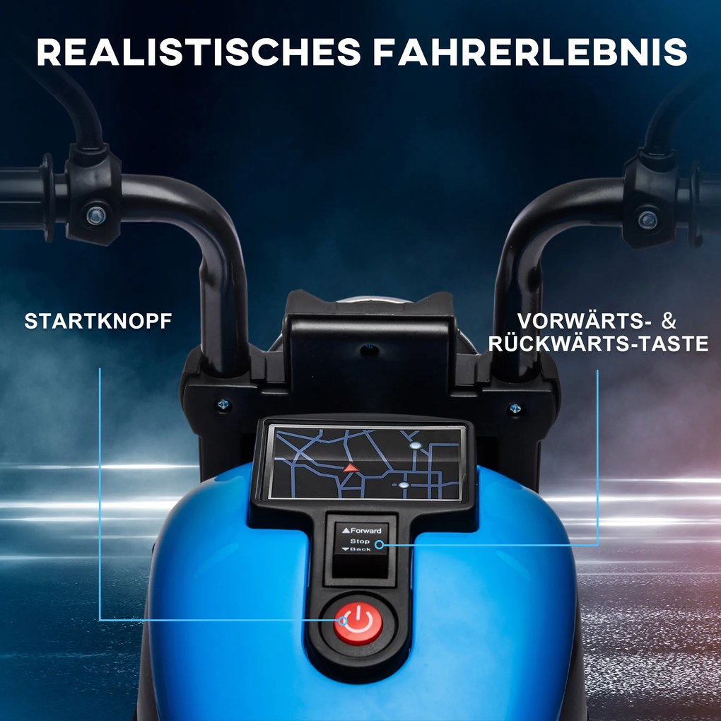 HOMCOM Dětská Elektrická Motorka s 2 Odnímatelnými Tréninkovými Koly, Rychlost 3 km/h, Pro Děti 1,5-3 Rocy, Modrá 76 x 42 x 57 cm