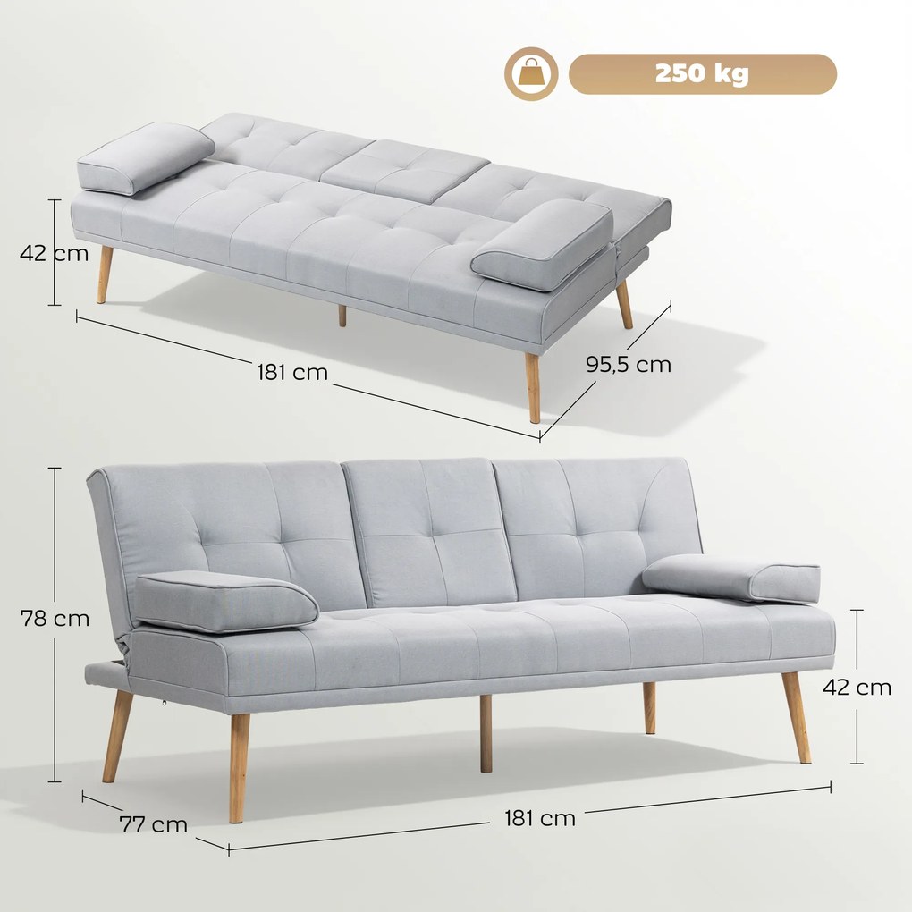 HOMCOM Rozkládací pohovka Pohodlná rozkládací pohovka, 3místná, rozkládací pohovka, povlečení, světle šedá, 181x77x72cm| Aosom