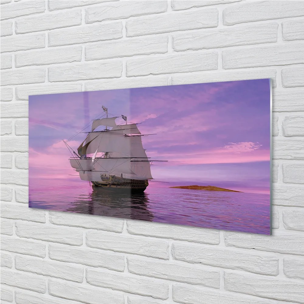 akrylový obraz Fialové nebe ship sea 140x70 cm