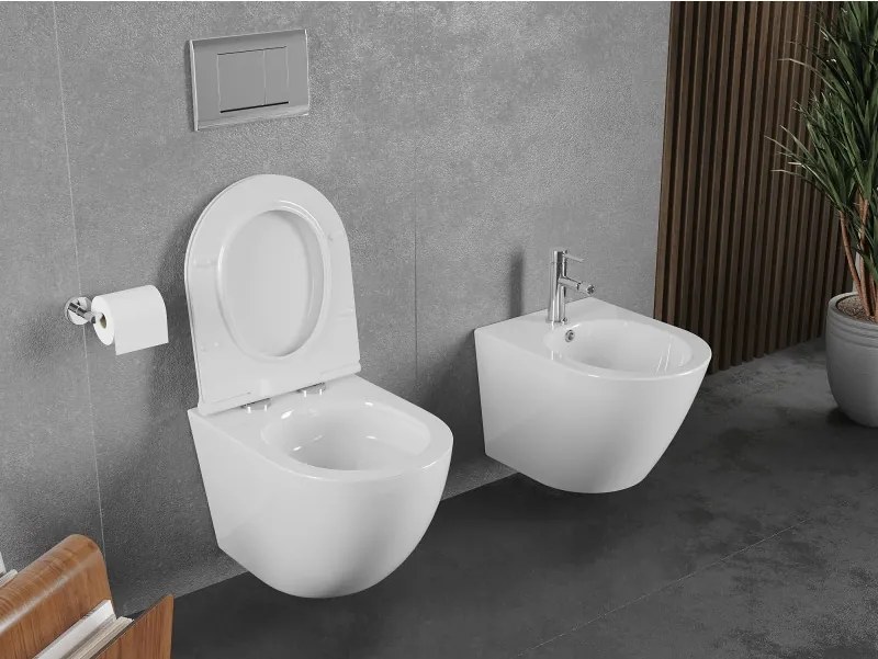 Mexen Lena, závěsná WC mísa 490x360x340 mm, Rimless Tornádo + toaletní WC sedátko z duroplastu, bílá lesklá, 30220500T