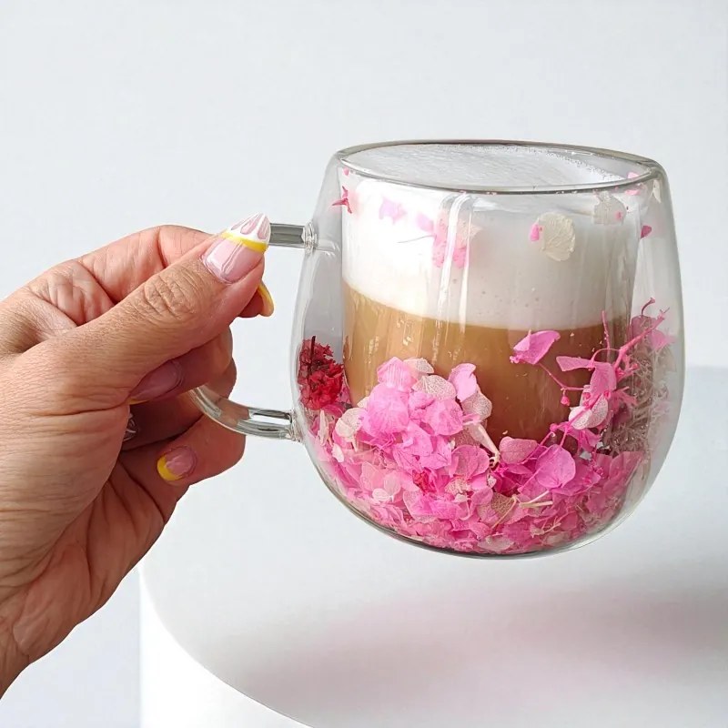 Flamenco Mystique Termální sklo s květinami gypsophila hortenzie růže 350 ml 1 ks dekorace do bytu 182 SZK