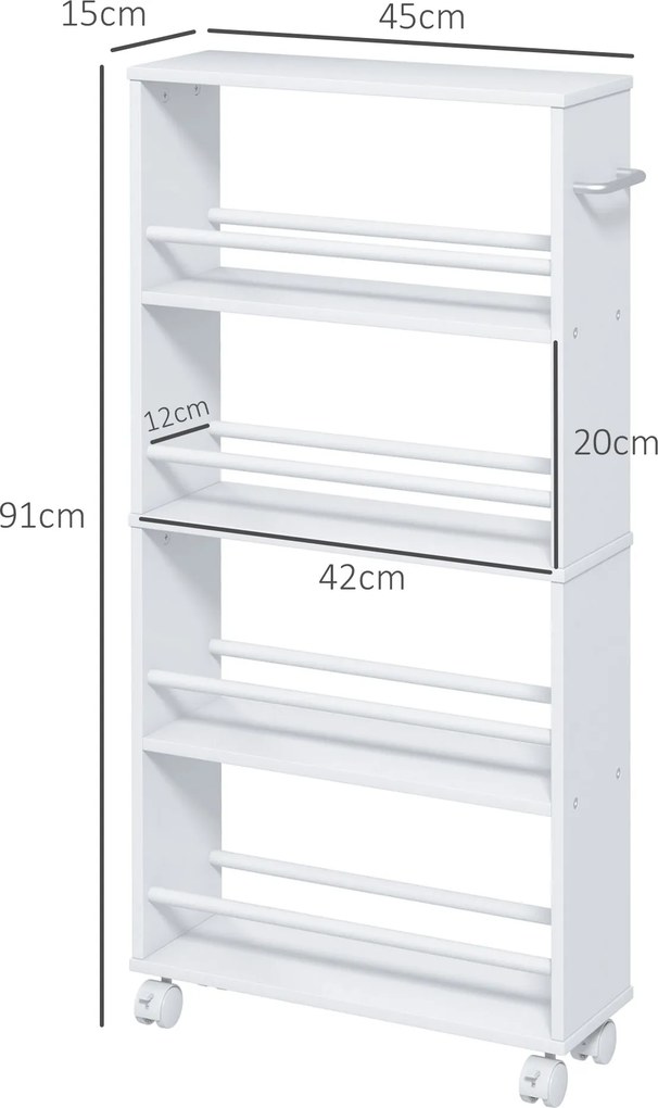 HOMCOM Vozík, úzký servírovací vozík se 4 policemi, úchyty, úložný vozík do kuchyně, obývacího pokoje, bílý, 45 x 15 x 91 cm | Aosom