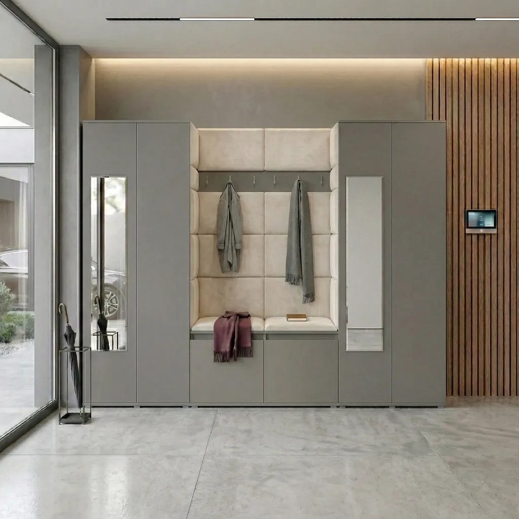 Předsíňová stěna Trinity 10 s čalouněnými panely, 280 cm, grafit/ krémově bílá
