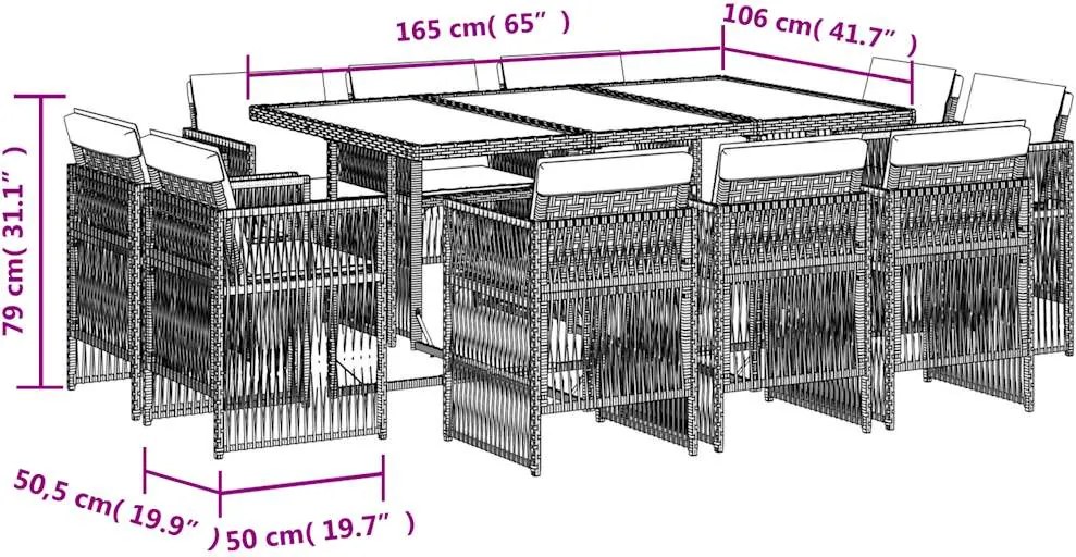 11dílný zahradní jídelní set s poduškami šedý polyratan 3211028