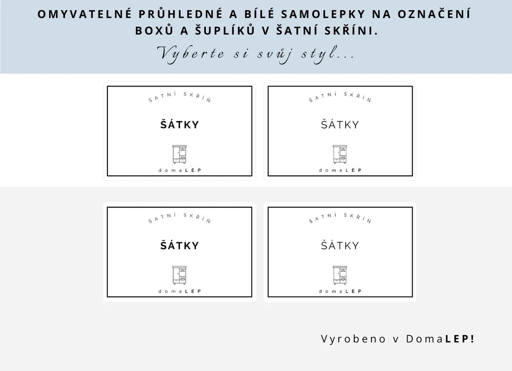 ŠÁTKY - Samolepka na šuplíky a boxy do šatní skříně, 8,5 x 5,5 cm - DomaLEP varianta: SAMOLEPKA, barva: BÍLÁ - ČERNÉ písmo, velikost: š. 8,5 cm x v. 5,5 cm - základní písmo