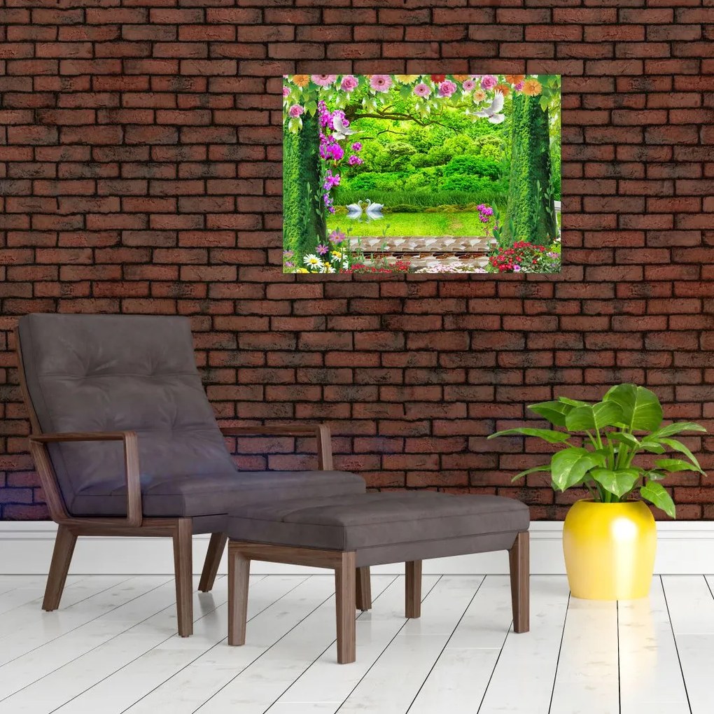 Obraz - Kouzelná zahrada s labutěmi (70x50 cm)