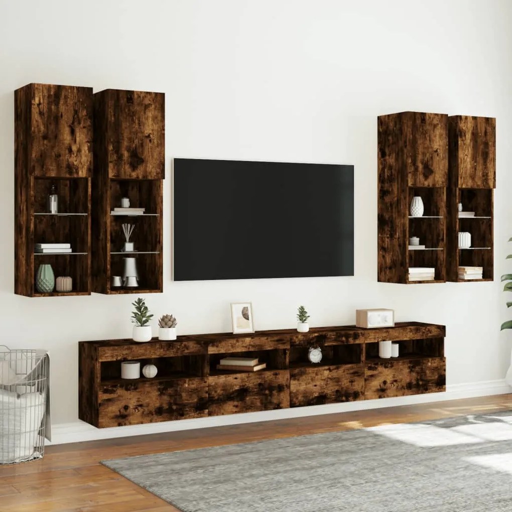 7dílná obývací stěna s LED osvětlením kouřový dub 3216775